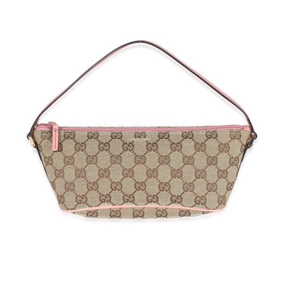 Gucci | Bags | Gucci Pink Leather Beige Gg Canvas Boat Pochette | Poshmark